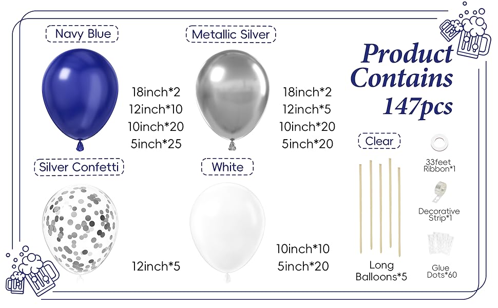 Amazon.com: 147pcs Navy Blue and Silver Balloon Garland Arch Kit, 18 12 10 5 inch Royal Blue ...