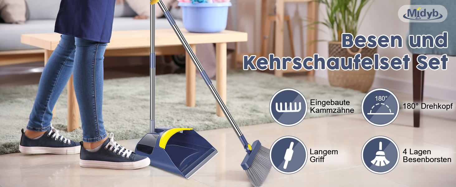 Midyb Besen und Kehrschaufel Set, 120cm Besen Set mit Langem Stiel, Aufrechter Broom und ...