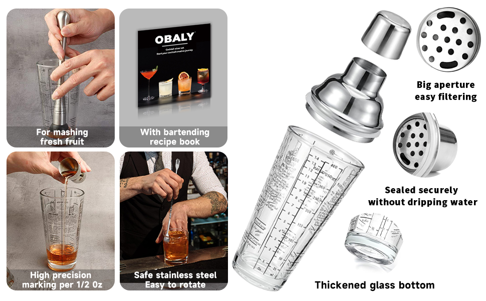 Amazon.com: OBALY Glass Cocktail Shaker Stainless Steel Leak-Proof Lid Boston Shaker Martini ...