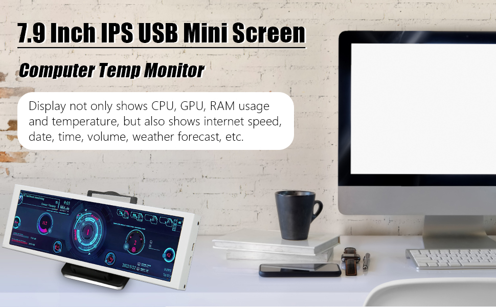 7.9in PC Temp Monitor, Metalen Geval IPS USB Mini Scherm, voor AIDA64 ...