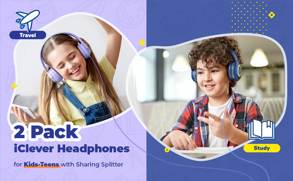 Amazon.com: iClever 2Pack Kids Headphones with Sharing Splitter - 85dBA Safe Volume Limited ...