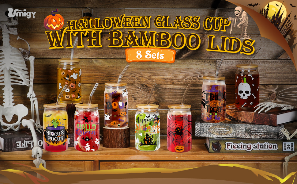 Amazon.com | Umigy 8 Pcs 16oz Halloween Glass Tumbler Halloween Iced ...