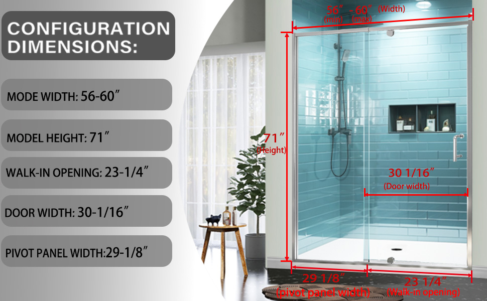 GroGro 56-60" W x 71" H Pivot Sliding Shower Door,Pivot Semi-Frameless Glass Sliding Shower Door ...