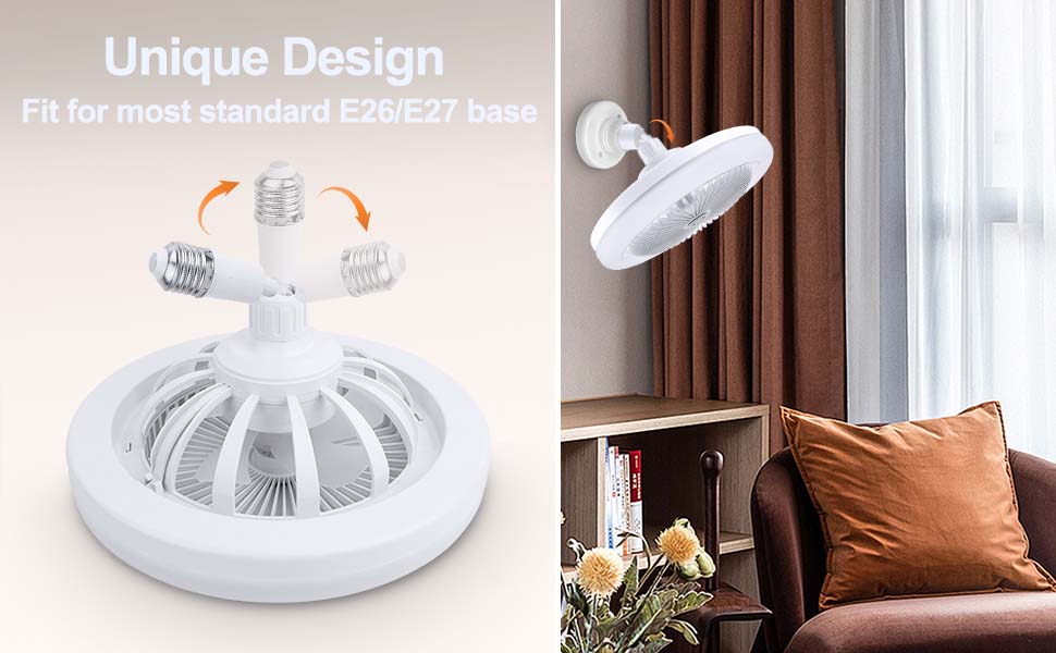 KLCZONE Socket Fan Light with Remote, 10 Inch Socket Ceiling Fan with 3 ...
