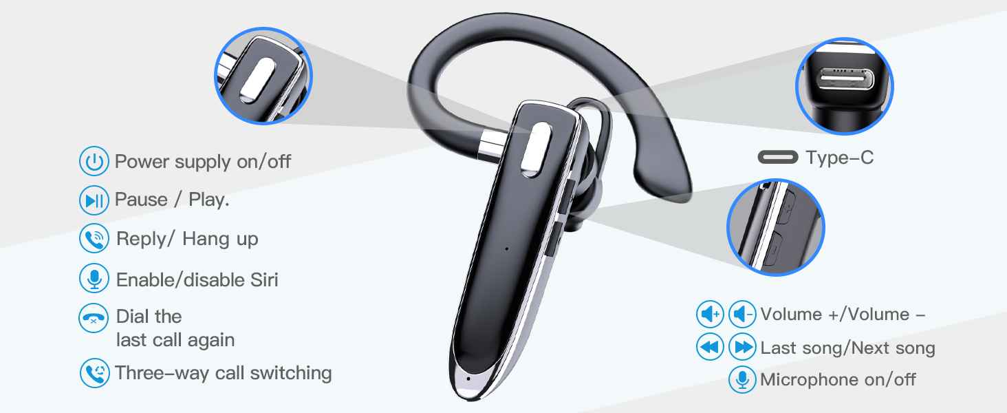 EUQQ Bluetooth Single wireless Headset Handsfree Earpiece for phone, V5.3 in-Ear Headphone with ...