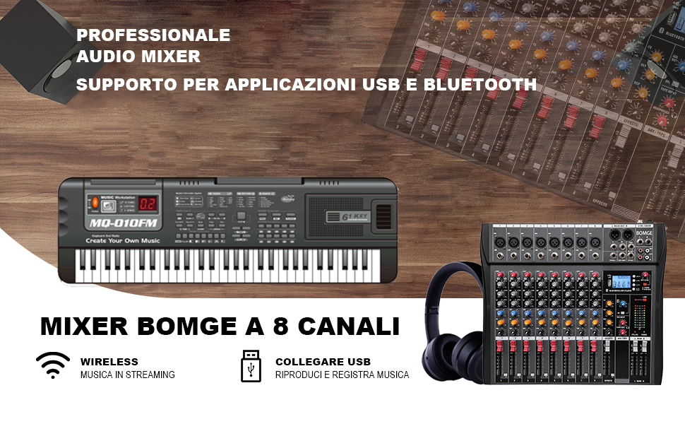 BOMGE CTX - Mixer audio a 12 canali, console di mixaggio audio con Bluetooth USB, ingresso ...