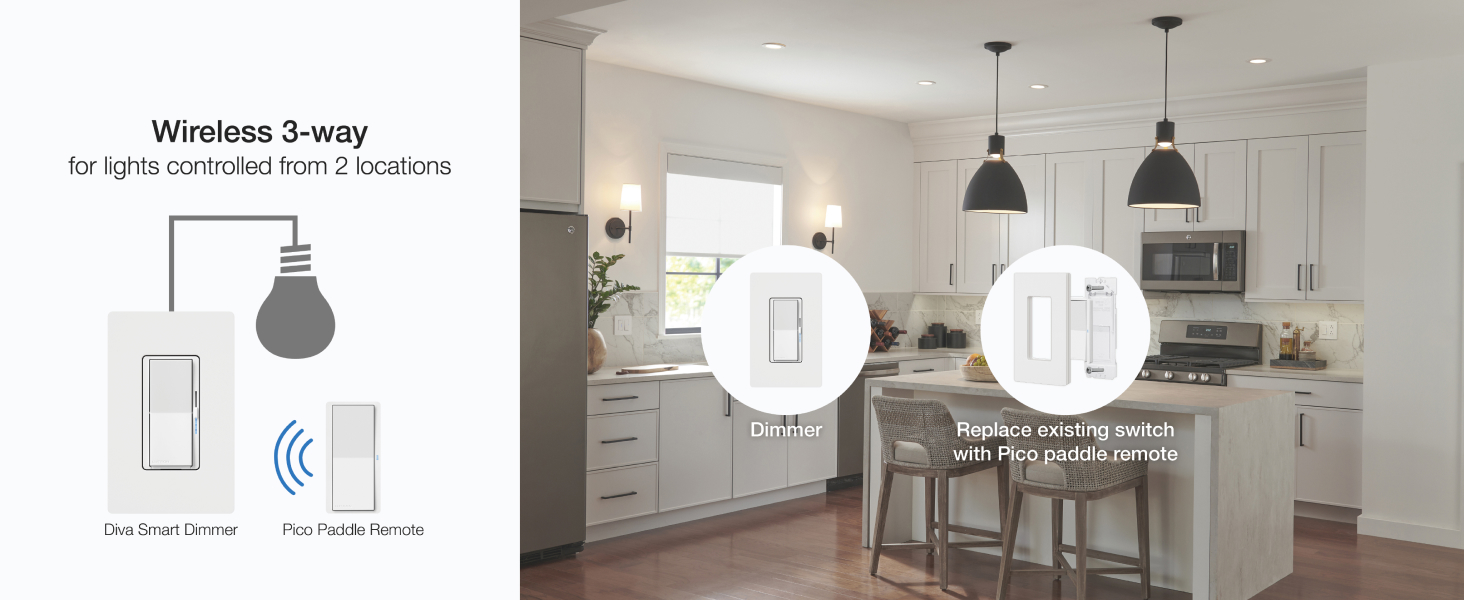 Lutron Diva Smart Dimmer Light Switch 3-Way Kit for Caseta Smart Lighting, w/Plate, Pico Remote ...