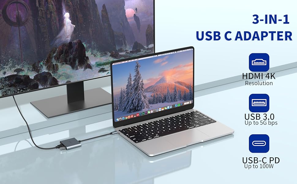 Adapter USB C auf HDMI 4K, JESWO 3 in 1 HUB, USB 3.0 Port und 100 W PD Anschluss ...
