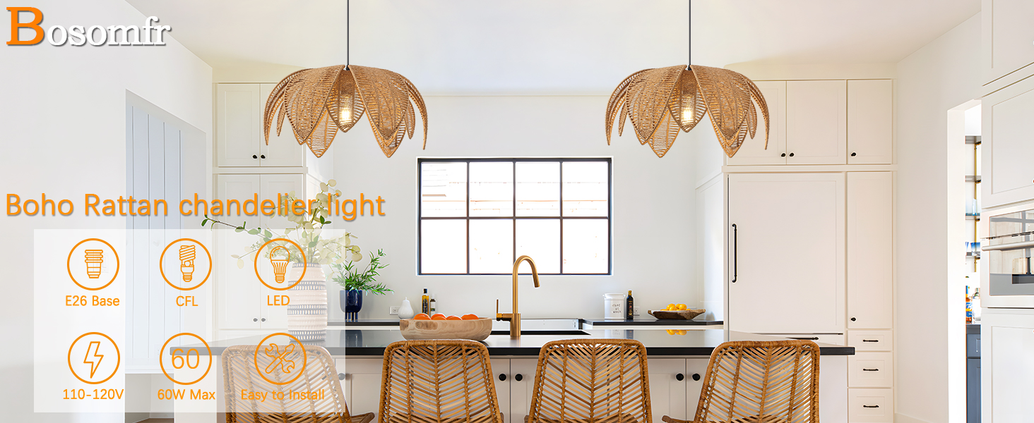 Bosomfr Hand Woven Rattan Chandelier, Boho Pendant Light 19.68 inches ...