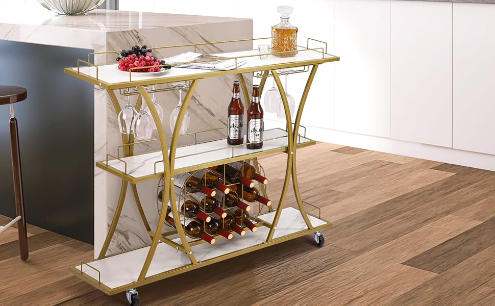 Amazon.com - GlowSol Gold Bar Cart with Wine Rack and Glass Holders, 3-Tier Modern Gold Beverage ...