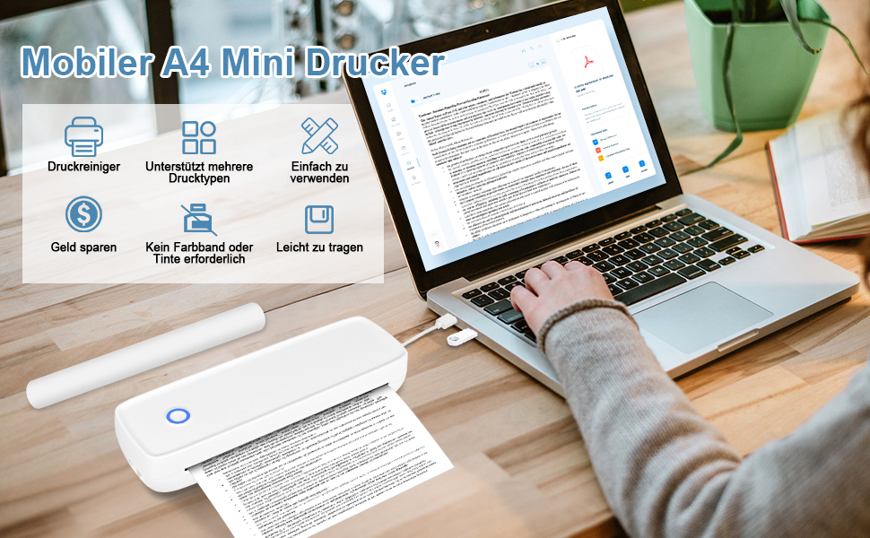 GuKKK Mobiler A4 Mini Drucker, A4 tragbarer Thermodrucker, Klein Bluetooth Thermodrucker ...