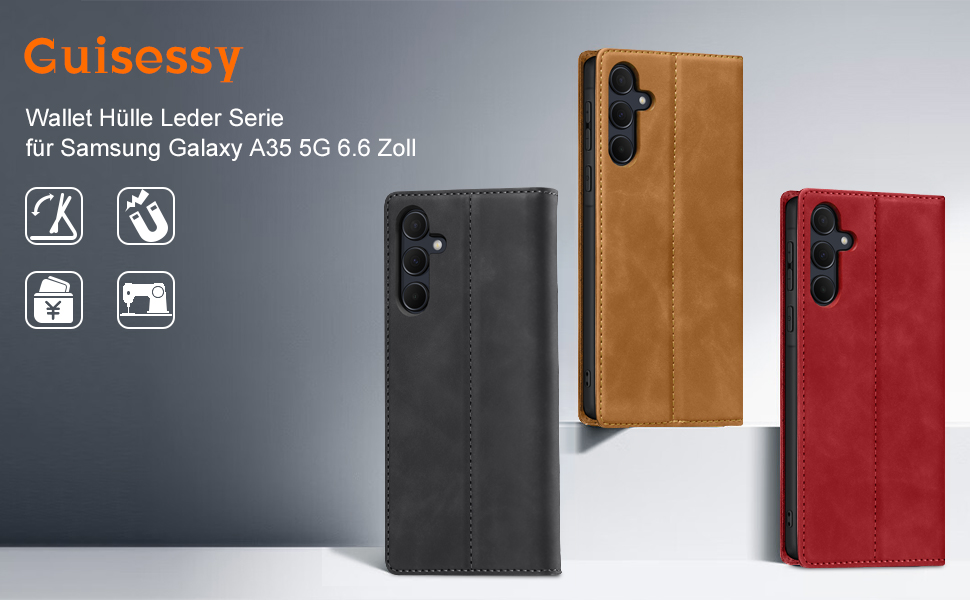 Guisessy Handyhülle für Samsung Galaxy A35 5G Hülle Leder und 2 Schutzfolie, Premium Klappbar ...