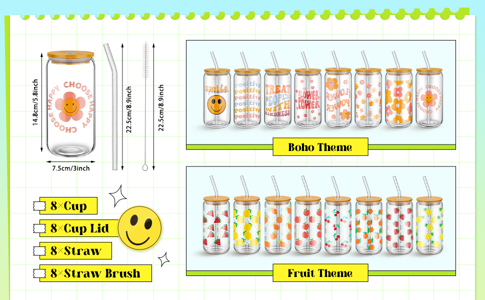 Amazon.com: Umigy 8 Pcs Cute Glass Cups with Bamboo Lids and Straws ...