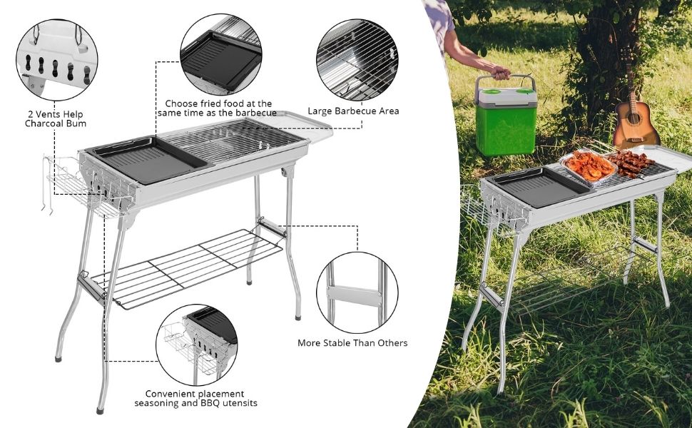 Amazon.com: Outvita Portable Charcoal Grill, 39 x 12x 28" Foldable Barbecue Grill, Stainless ...