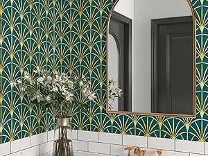 CHIHUT Emerald Green Geometric Peel and Stick Wallpaper 17.7”x236” Green Gold Stick on Wallpaper ...
