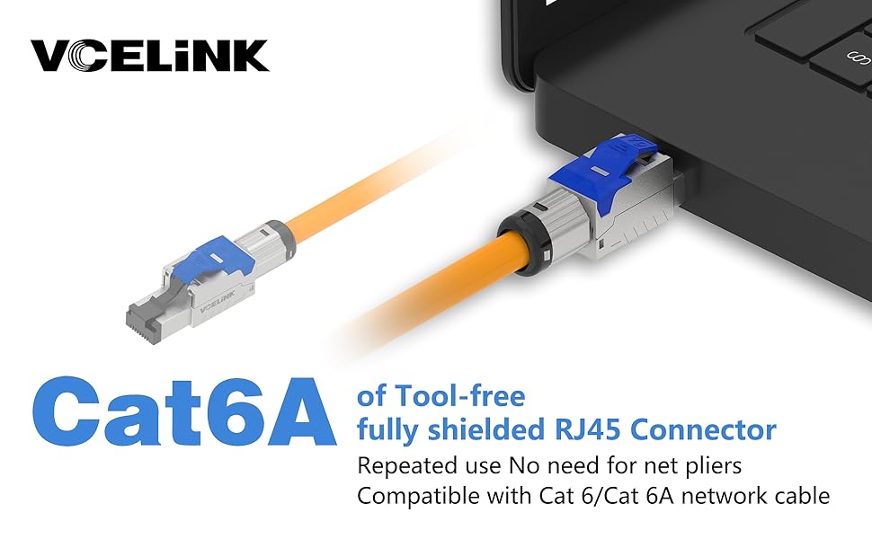 VCELINK RJ45 Connector, Tool-Free Cat6A Network Plug Tool-Free for Installation Cable, Cat6A ...