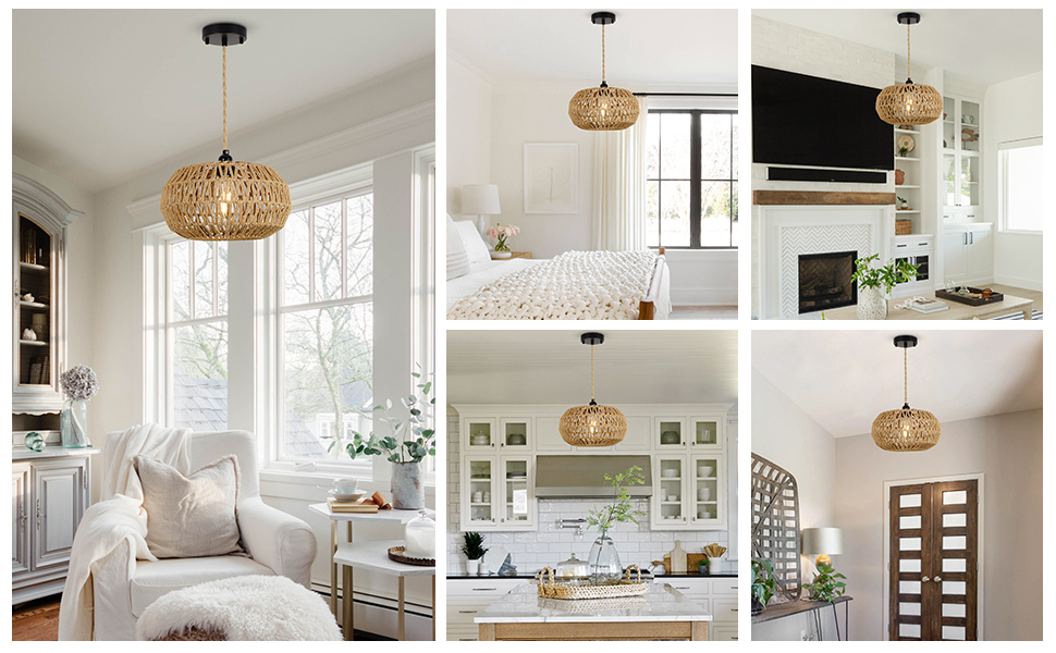 Farmhouse LED Rattan Pendant Lights, Boho Chandelier Light Fixture ...