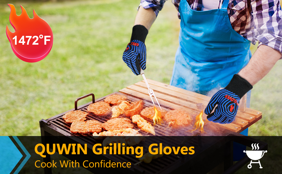 Amazon.com: QUWIN BBQ Gloves, Oven Gloves 1472℉ Extreme Heat Resistant, Grilling Gloves Silicone ...