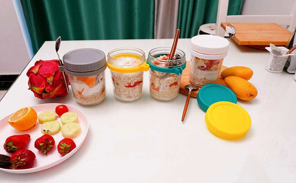 Amazon.com: Overnight Oats Containers with Lids and Spoons, 4 Pack 12oz Glass Mason Overnight ...