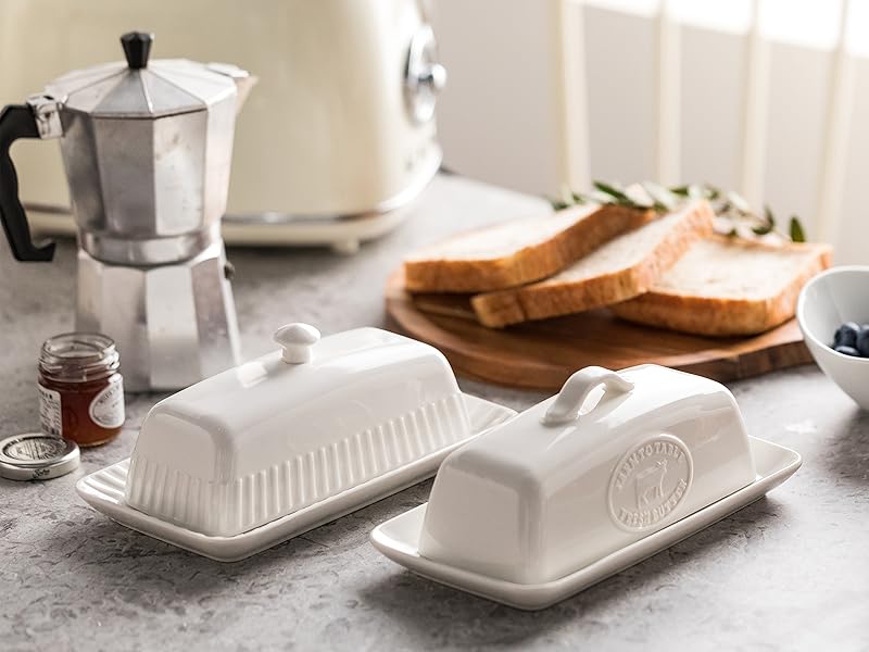 Amazon.com | YHOJOY Ceramic Butter Dish with Lid, White Butter Holder Container with Porcelain ...