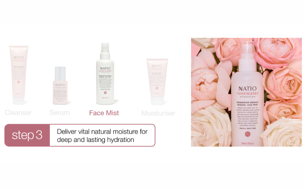 Natio Australia Rosewater Hydration Drench Mineral Face Mist 200ml - Refreshing Skin Balancing ...