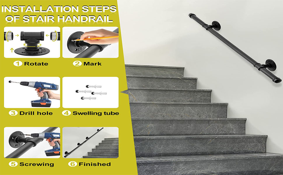 BQKOZFIN 3.3FT/1M Metal Stairs Handrail, Wall Balustrade Non-Slip Industrial Iron Pipe Hand ...