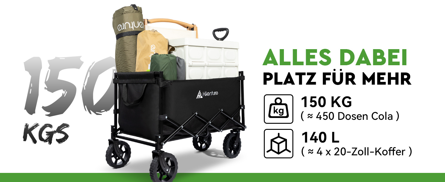 HIKENTURE Bollerwagen Faltbar mit Bremen - 140 Liter Volumen & 150KG belastbar - Extrem ...