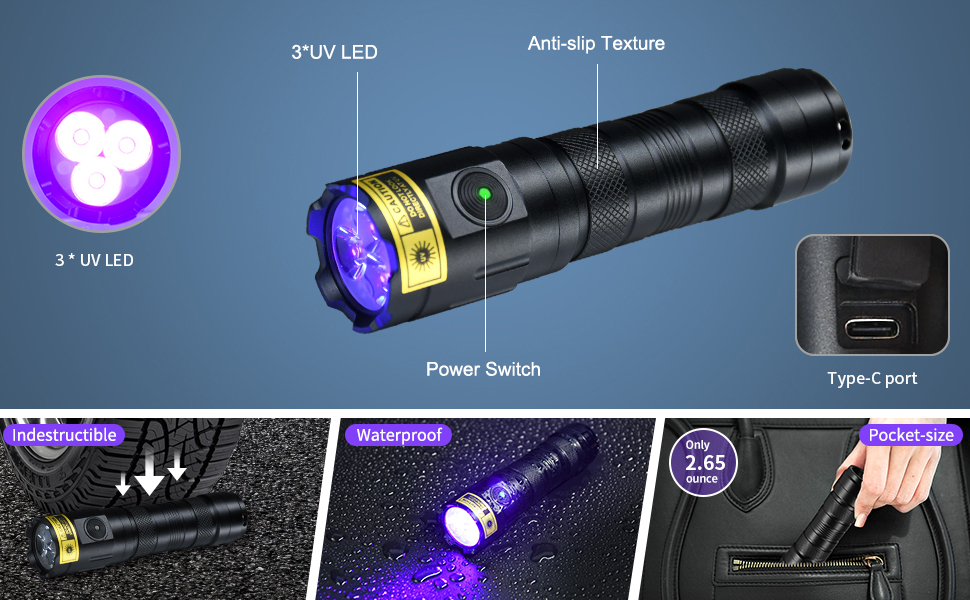 DARKBEAM UV Flashlight 365nm Black Light, 3 LEDs Powerful Ultraviolet Flashlights Rechargeable ...