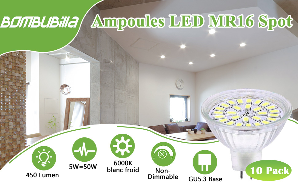 Bombubilla GU5.3 LED Light Bulb Cool White 6000K, MR16 LED 12V 5W Equivalent to 50W Halogen, LED ...