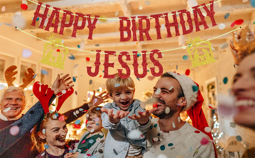 Amazon.com: Happy Birthday Jesus Banner Red Glitter, Merry Christmas ...