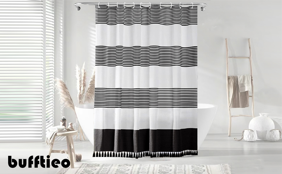 Amazon.com: bufftieo Black and White Shower Curtain for Bathroom Boho Striped Fabric Modern ...