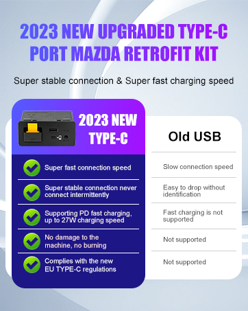 Tipo-C Mazda Apple CarPlay y Android Auto HUB OEM Kit de reequipamiento USB para Mazda 2/3/6/CX3 ...