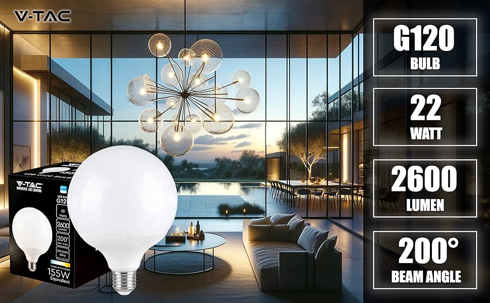 V-TAC Lampadina LED Globo con Chip Samsung e Attacco Edison E27, 22W (Equivalenti a 155W) G120 ...