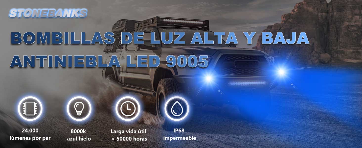 StoneBanks 9005/HB3/H10 8000K Bombillas LED para Faros Delanteros, 160W 24000LM Azul Hielo Kit ...