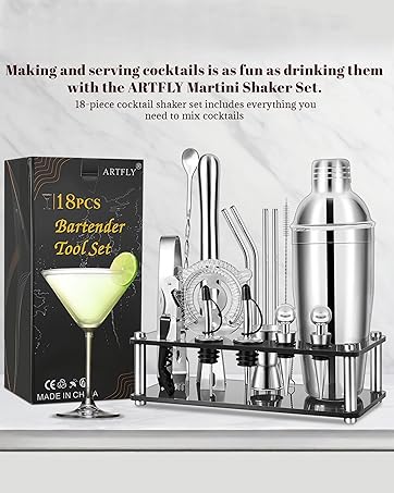 Amazon.com: ARTFLY 18-Piece Professional Cocktail Shaker Set and Bartender Kit with Stand ...