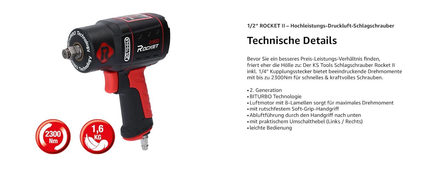 KS Tools Schlagschrauber Druckluft ROCKET II 1/2" 512.0002 2300Nm I Druckluft Schlagschrauber ...