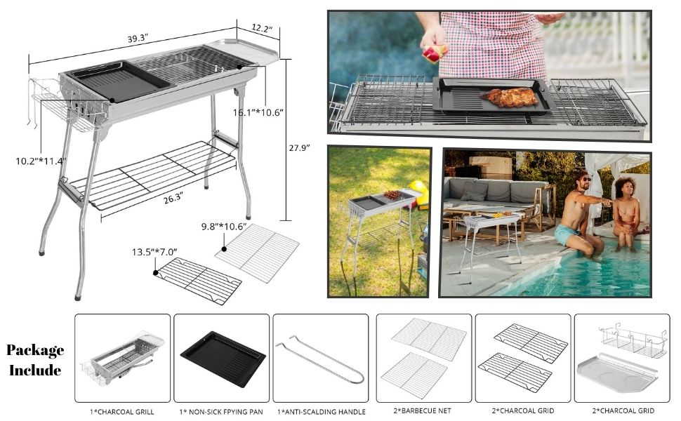 Amazon.com: Outvita Portable Charcoal Grill, 39 x 12x 28" Foldable Barbecue Grill, Stainless ...