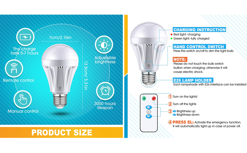 Esenlong 7W E27 Emergency LED Bulb Rechargeable Smart Emergency Bulb Household Lighting Bulbs ...
