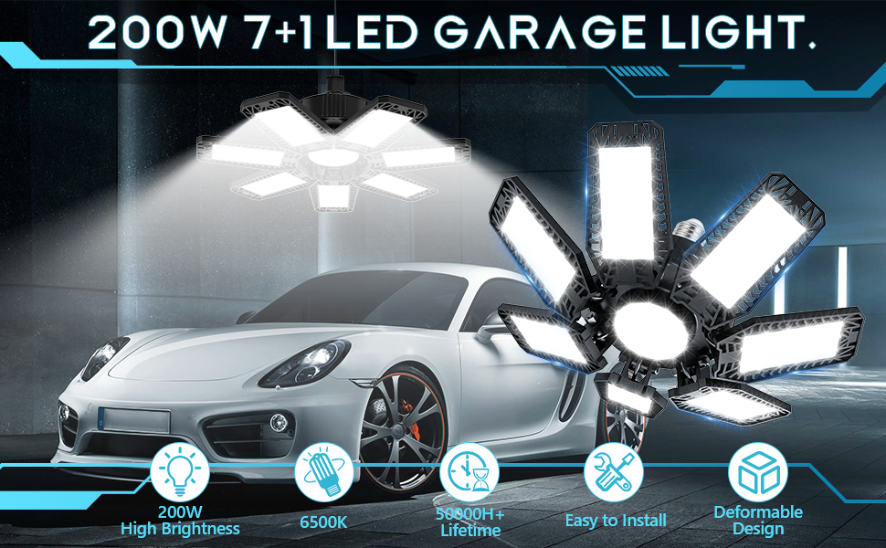 ISKYDRAW LED Garage Light - 4 Pack 200W Garage Light with 7+1 Deformable Panels and 20000LM LED ...
