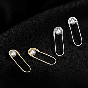 SLUYNZ 925 Sterling Silver Pearl Safety Pin Hoop Earrings for Women Teens Minimalist Hoop Paper ...