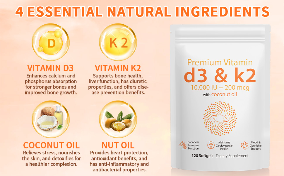 Amazon.com: Tooffi Vitamin D3 K2 Supplement Softgel,2-in-1 Micro Ingredients Vitamin D3 10000 IU ...