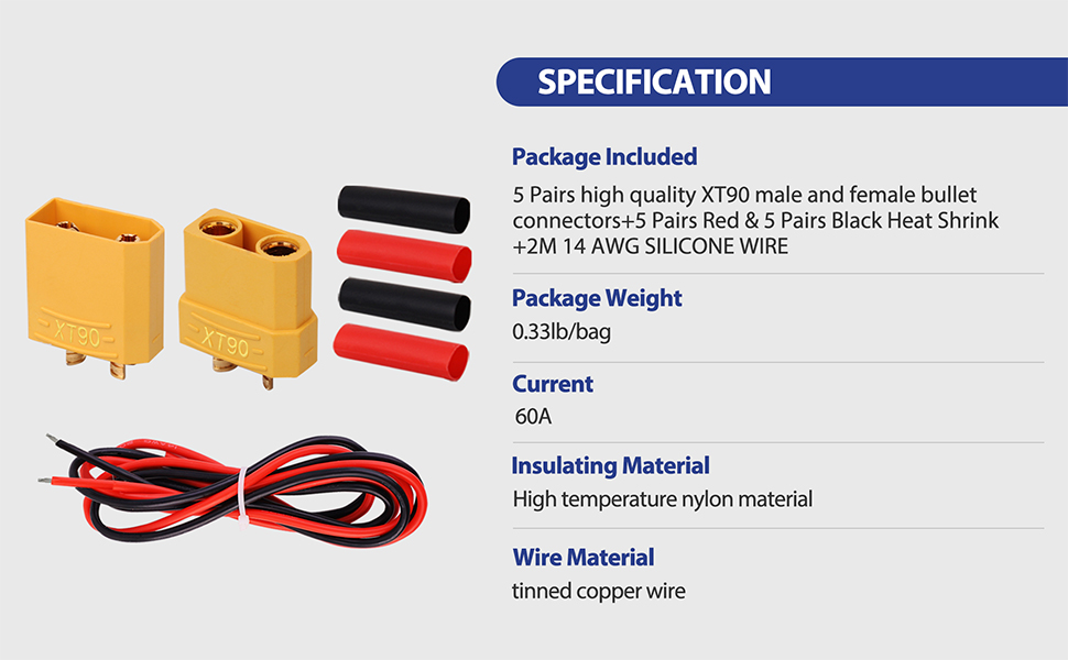 Amazon.com: VLOZJXI XT90 XT-90 Male and Female Bullet Connectors with 2M 14 AWG Silicone Wire ...