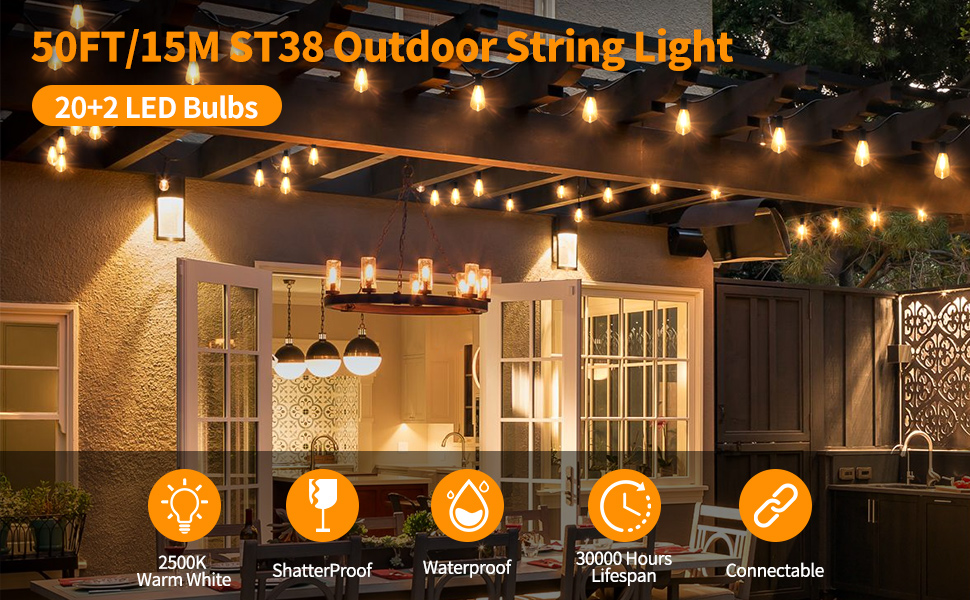 Outdoor String Lights Mains Powered, 50ft/15M ST38 Festoon Lights with Remote, 20+2 Dimmable ...