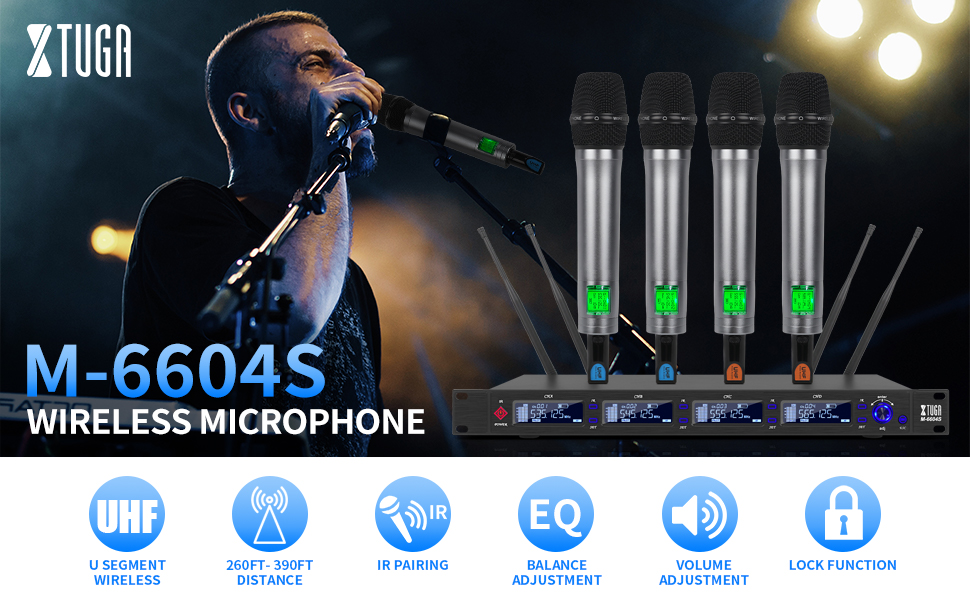 Amazon.com: XTUGA M-6604S Professioanl 4 Channel Wireless Microphone System,True Diversity ...