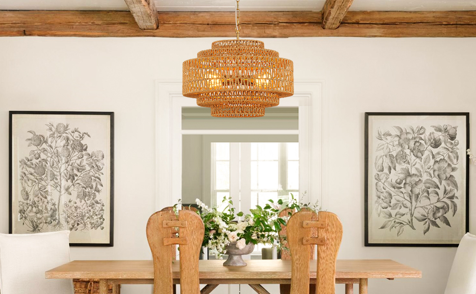 Tunkayli Hand-Woven Rattan Chandelier 20in Boho Chandelier Vintage ...