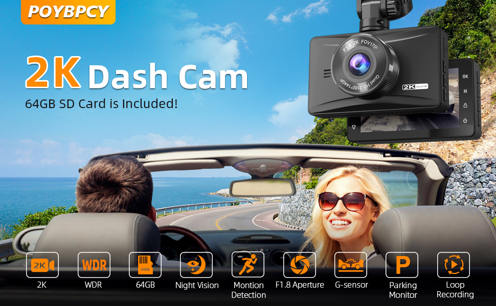 Auto Dashcam, Dash Cam Frontale 2K QHD Con Scheda SD 64G, Schermo LCD da 3 Pollici, Visione ...