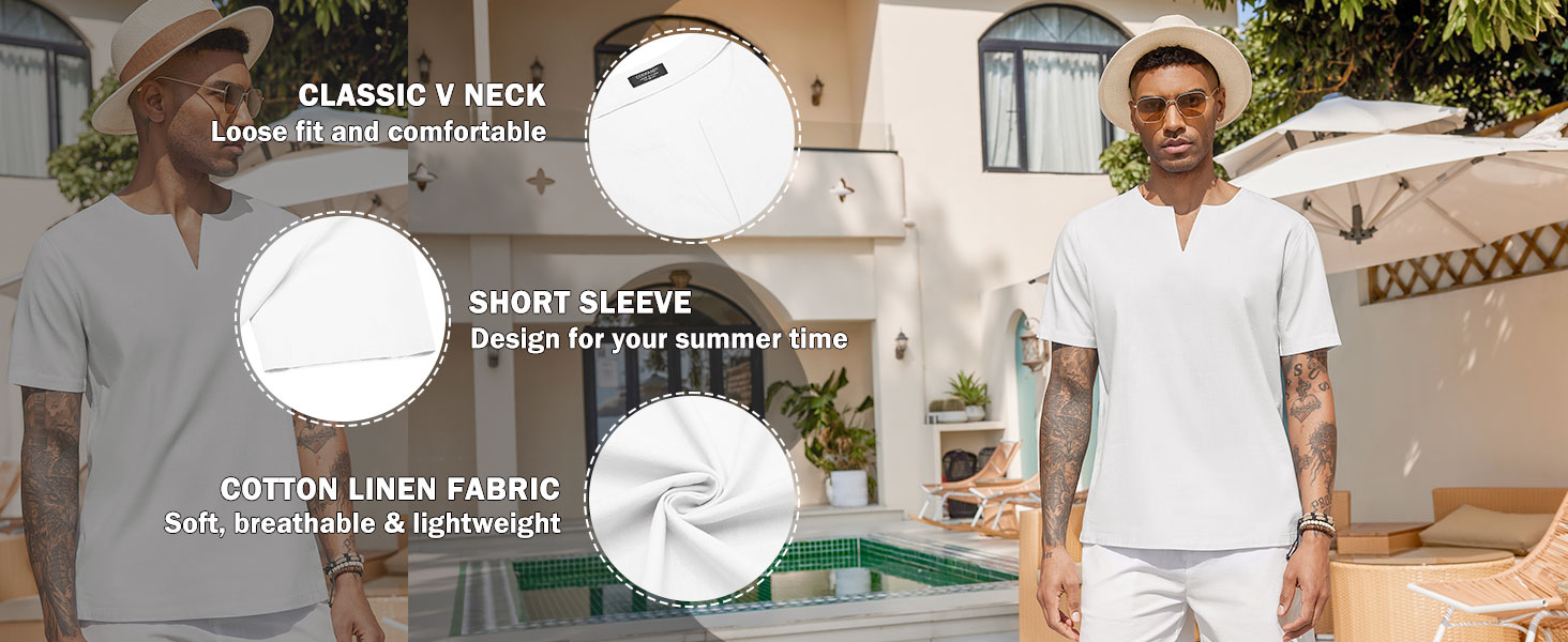 COOFANDY Mens Linen Henley T-Shirts Short Sleeve Hippie Yoga Summer Beach Casual Henleys Shirt ...