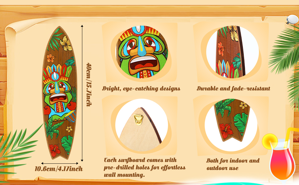 Amazon.com: Blulu 4 Pcs Tiki Surfboard Wall Hanging Sign Surfboard ...