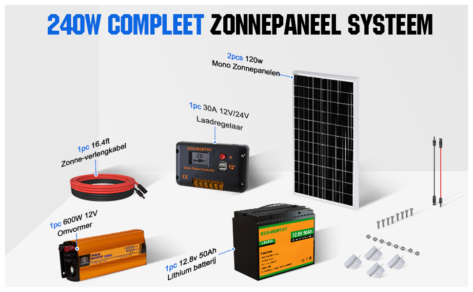 ECO-WORTHY 1 kW h/dag zonnesysteem 240W 12V met omvormer en netonafhankelijke accu voor campers ...
