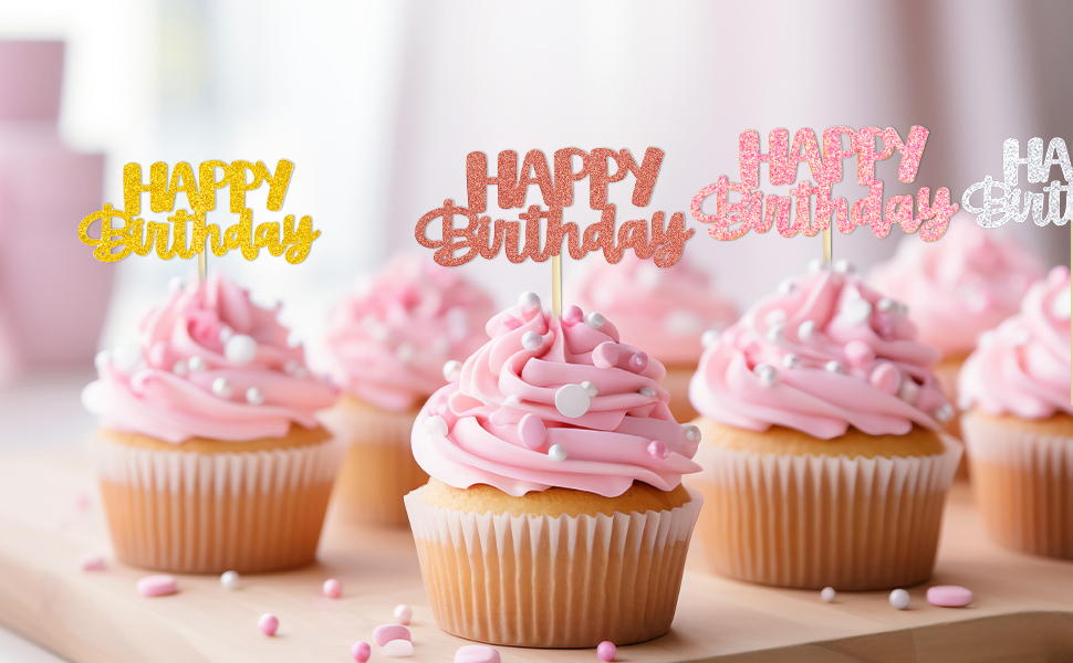 Amazon.com: 24 pcs Happy Birthday Cupcake Toppers, Glitter Happy ...